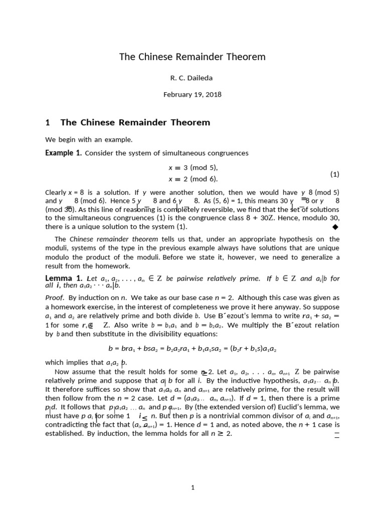 L8 Chinese Remainder Theorem | PDF | Ring (Mathematics) | Mathematical ...
