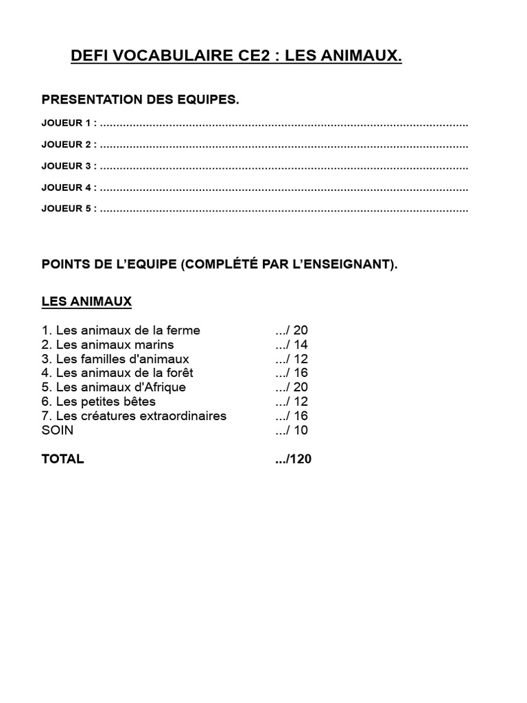 Vocabulaire CE2 : Les Animaux | PDF | Ours | Mammifères