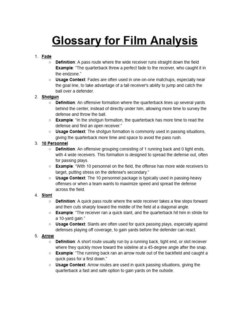 Glossary For Film Analysis | PDF | Sports | Gridiron Football
