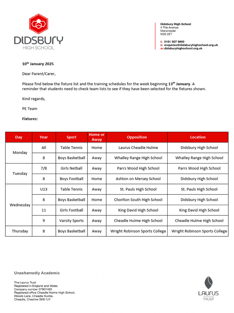 Weekly School Sports Schedule | PDF