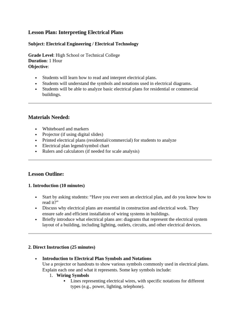 Lesson Plan About Interpret Electrical Plan | PDF | Electrical Wiring ...
