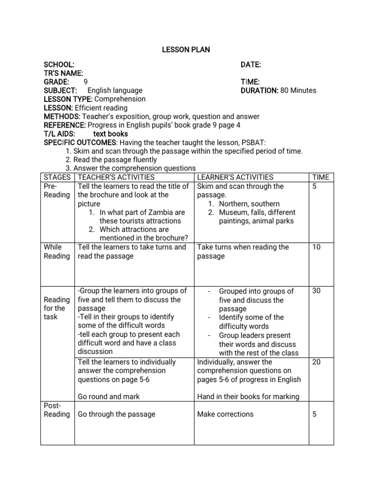 Grade 9 English Comprehension Lesson Plan | PDF | Reading Comprehension ...