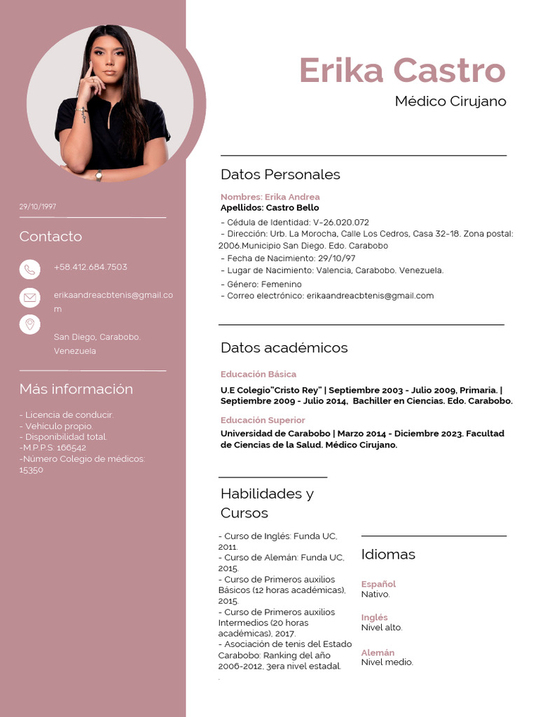 CV Erika Castro: Médico Cirujano Venezuela | PDF