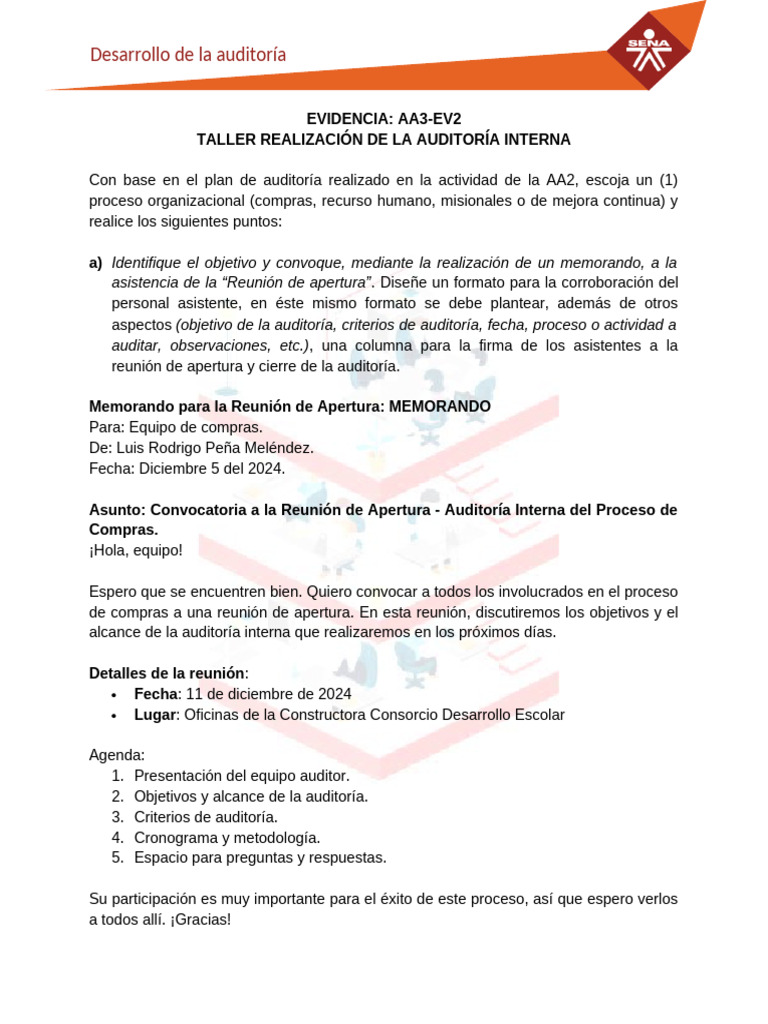 Formato Evidencia AA3 Ev2 Taller | PDF | Auditoría | Evaluación