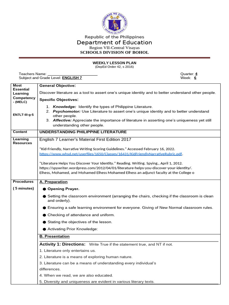 Weekly Lesson Plan: English 7 Literature | PDF | Poetry | Narrative