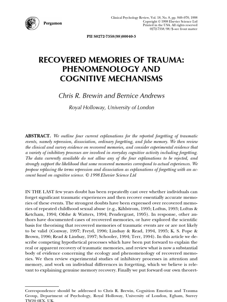Recoverd Memories of Trauma Brewin Andrews 1998 | PDF | Recall (Memory ...