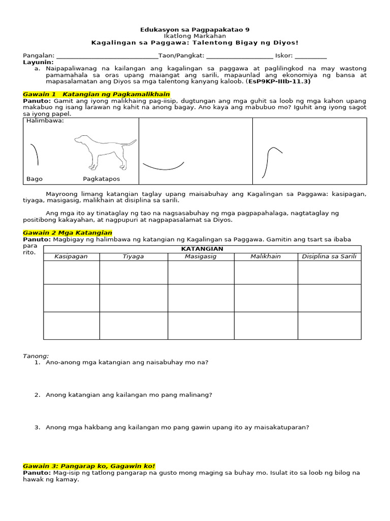 EsP 9 Worksheet Week 7 | PDF