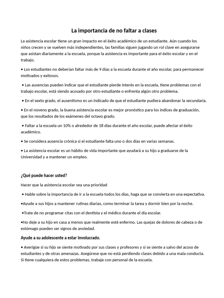 La Importancia de No Faltar A Clases | PDF | Escuelas | Comportamiento