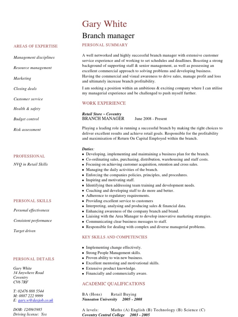 Branch Manager CV Template | PDF | Retail | Sales