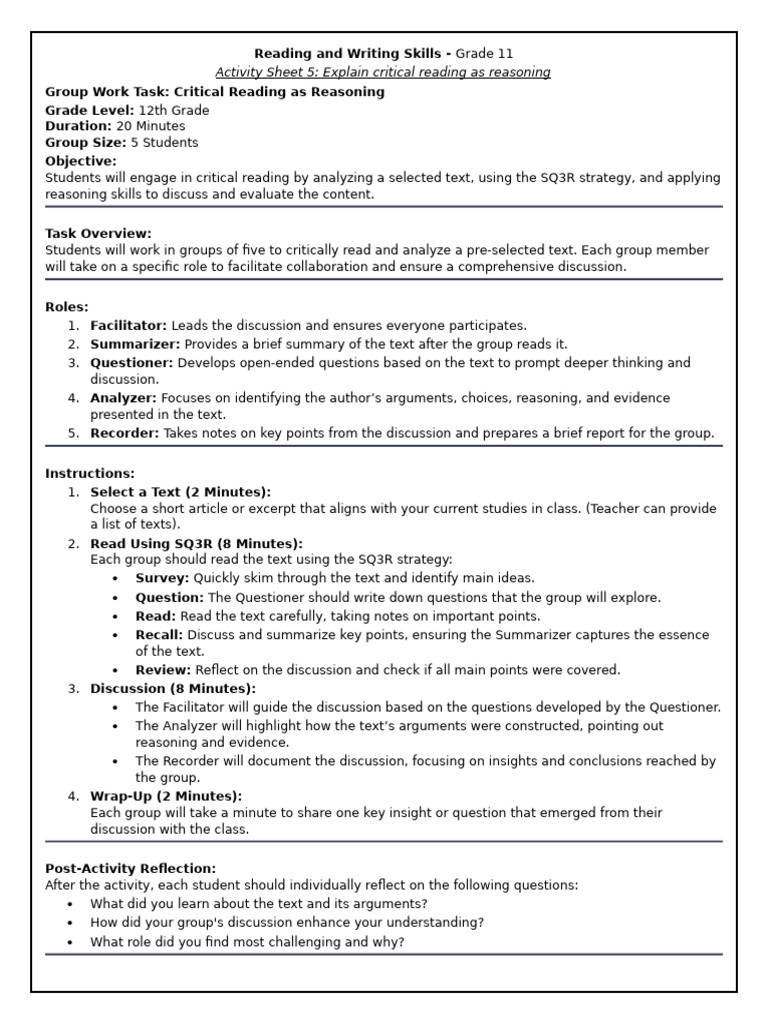 Activities for Handout 5 | PDF | Reading Comprehension | Behavior Modification