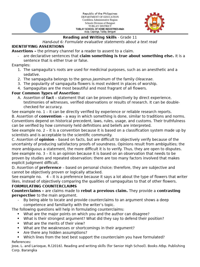 Handout 6 Formulate Evaluative Statements About A Text Read | PDF ...