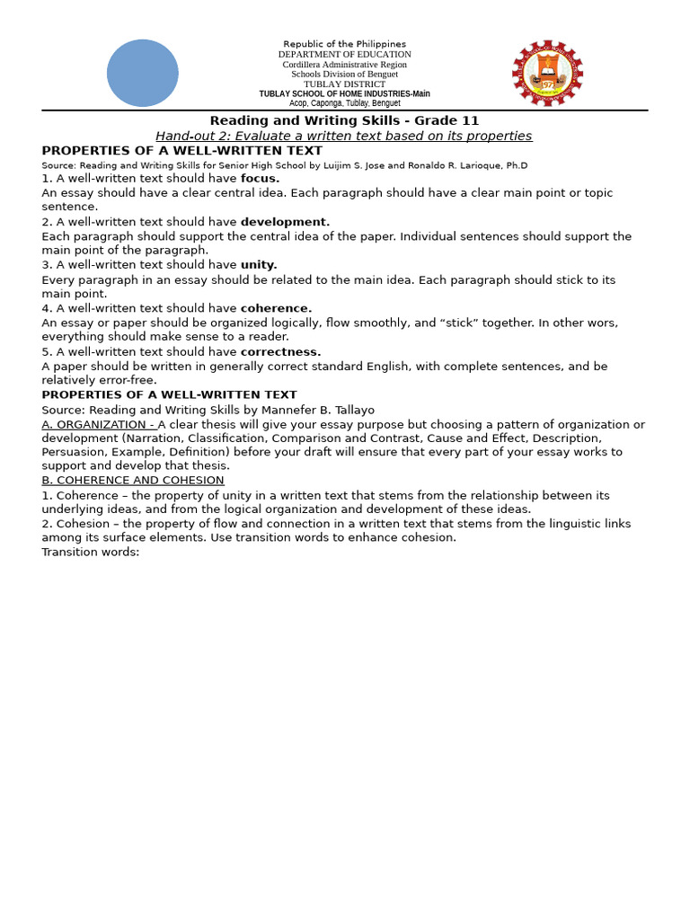 Handout 2 Evaluate Written Text Based On Its Properties | PDF | Essays | Brown V. Board Of Education