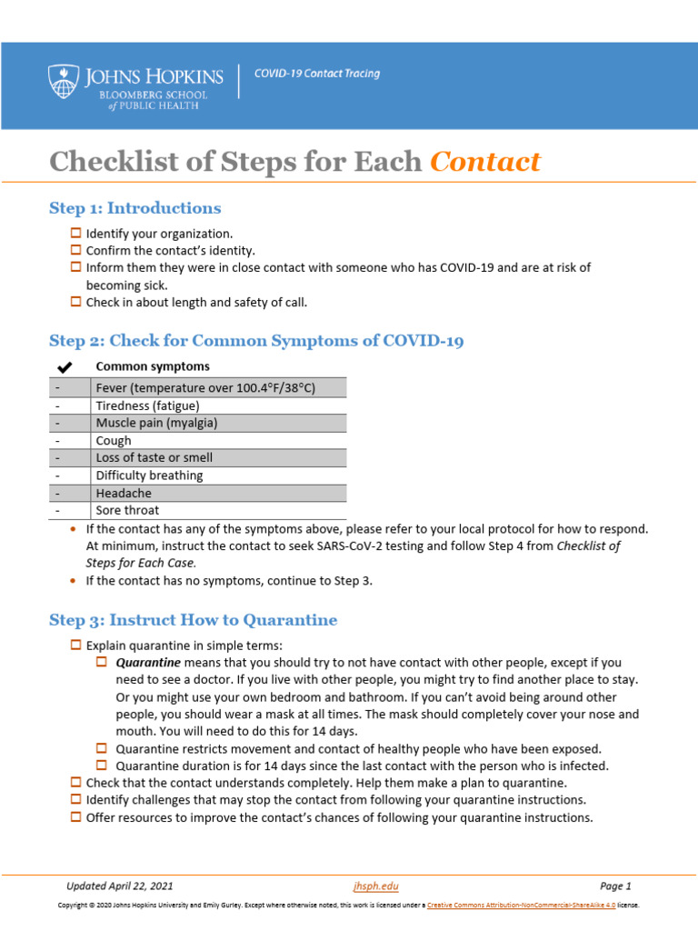 Checklist of Steps For Each Contact | PDF | Diseases And Disorders ...
