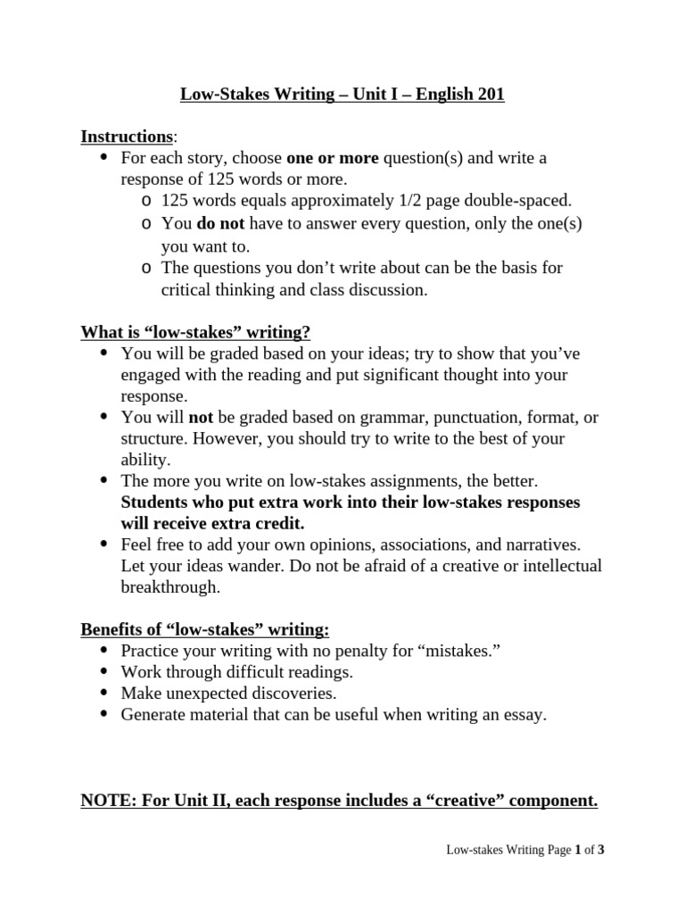 Low-Stakes Writing Assignment For ENG201 | PDF | Behavioural Sciences ...