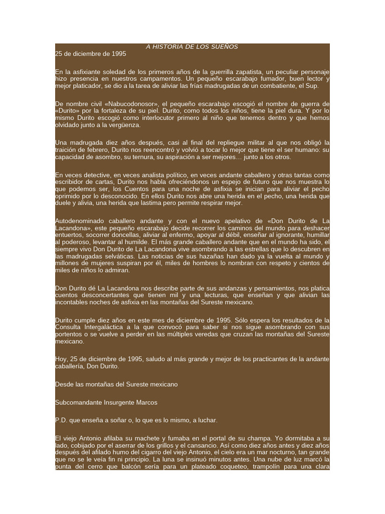 LA HISTORIA DE LOS SUEÑOS - Subcomandante Marcos | PDF | Dormir