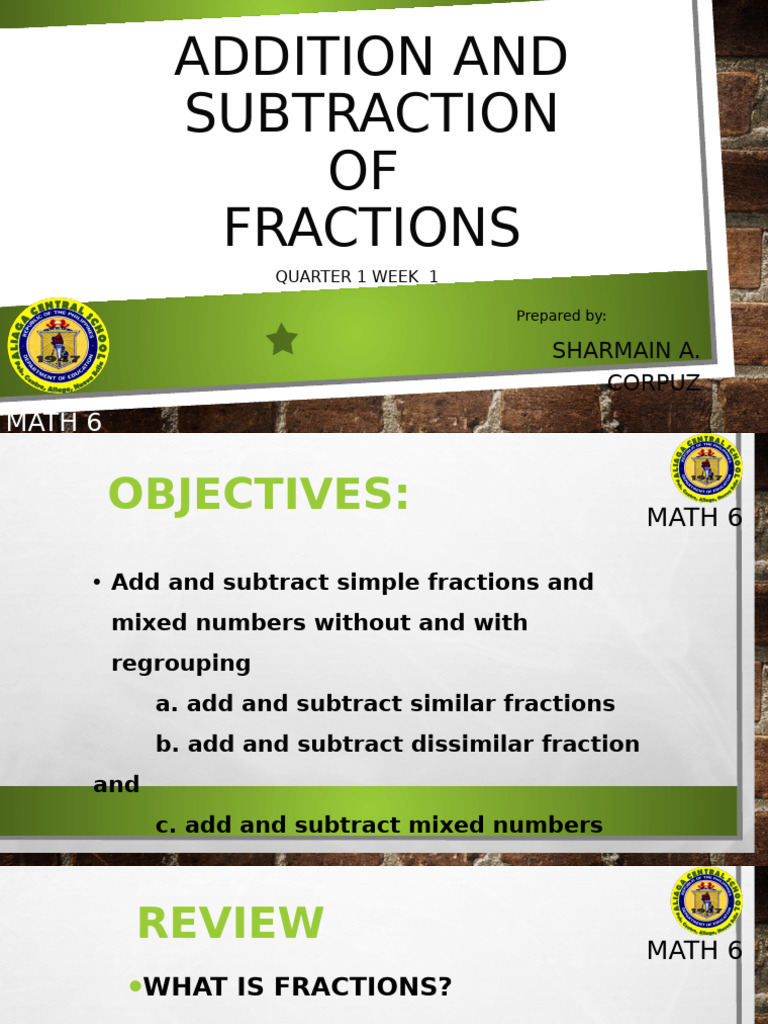 W1-Addition and Subtraction of Fractions | PDF | Numbers | Mathematical Concepts
