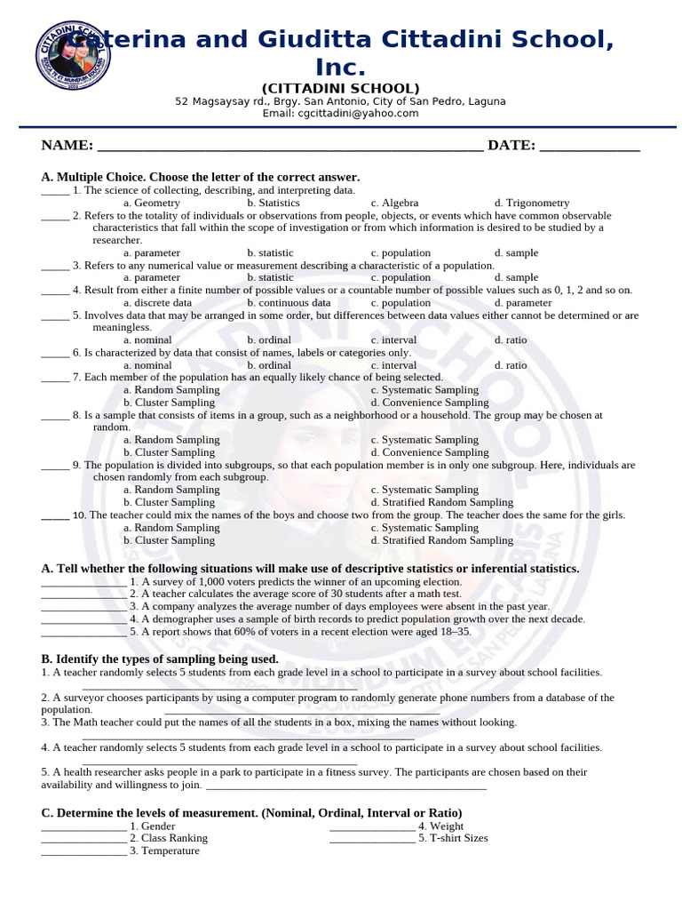 G7 - 3rdqt - quiz#1 | PDF | Sampling (Statistics) | Statistics