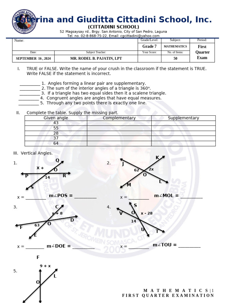 G7 - Mathematics - Q1 - 2024-2025 | PDF | Triangle | Euclid