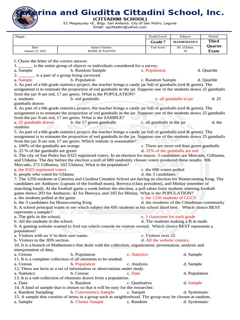 G7 - Mathematics - Q3 - 2024-2025 (2) | PDF | Level Of Measurement | Sampling (Statistics)