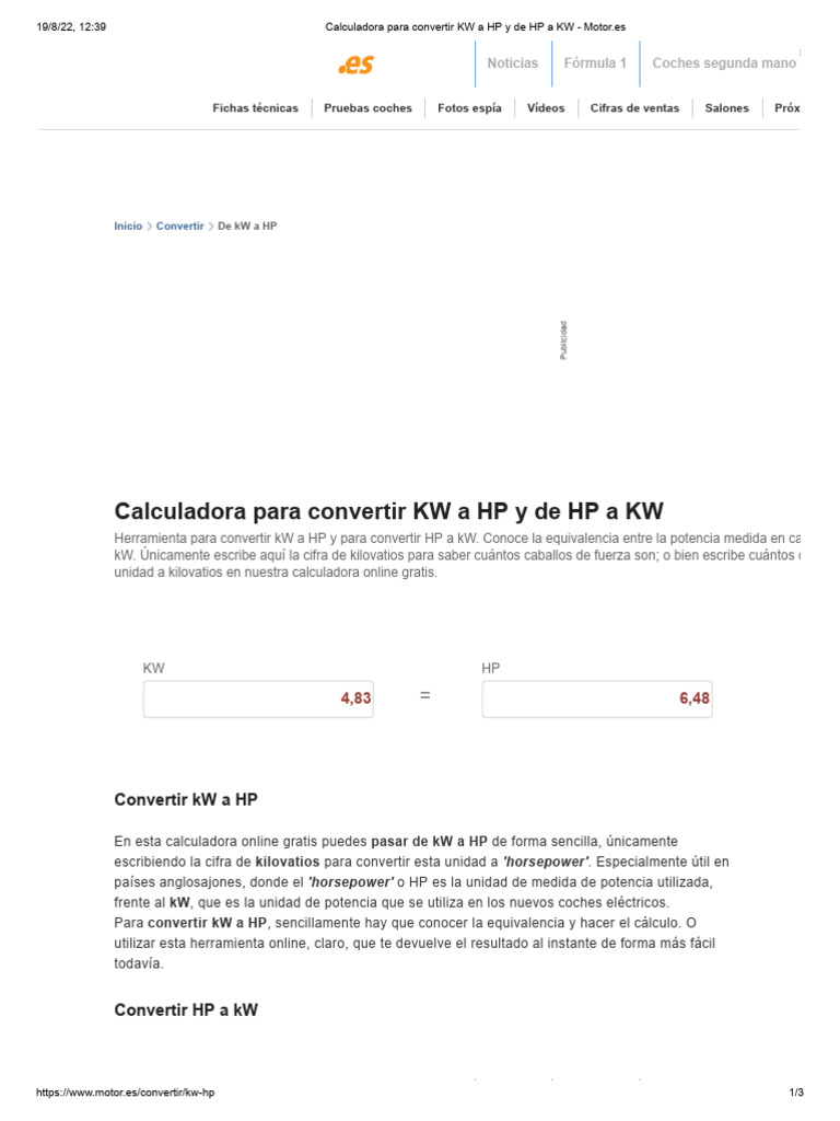 Conversor de KW a HP y viceversa | PDF | Caballo de fuerza | Vatio