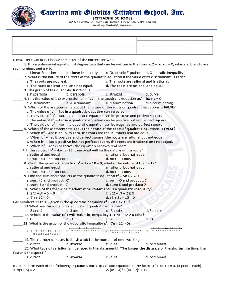 G9 - Mathematics - Q2 - 2024-2025 | PDF | Quadratic Equation | Equations