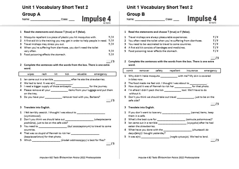 Unit 1 Vocabulary Short Test 2 A+b | PDF
