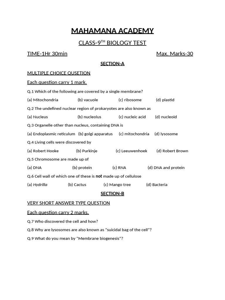 CLASS 9TH BIOLOGY TEST | PDF | Cell (Biology) | Cell Nucleus