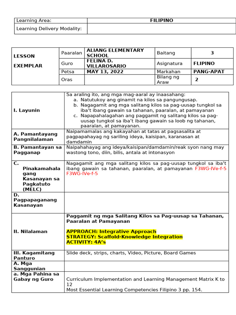 Lesson-Exemplar-in-Elementary-Filipino Cot 2-Grade-3 FOR LWITHD | PDF