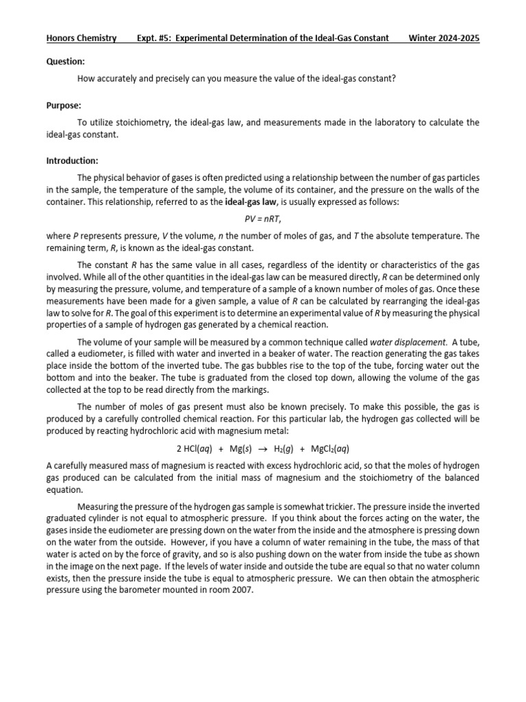 Determine Ideal Gas Constant Experiment | PDF | Gases | Water