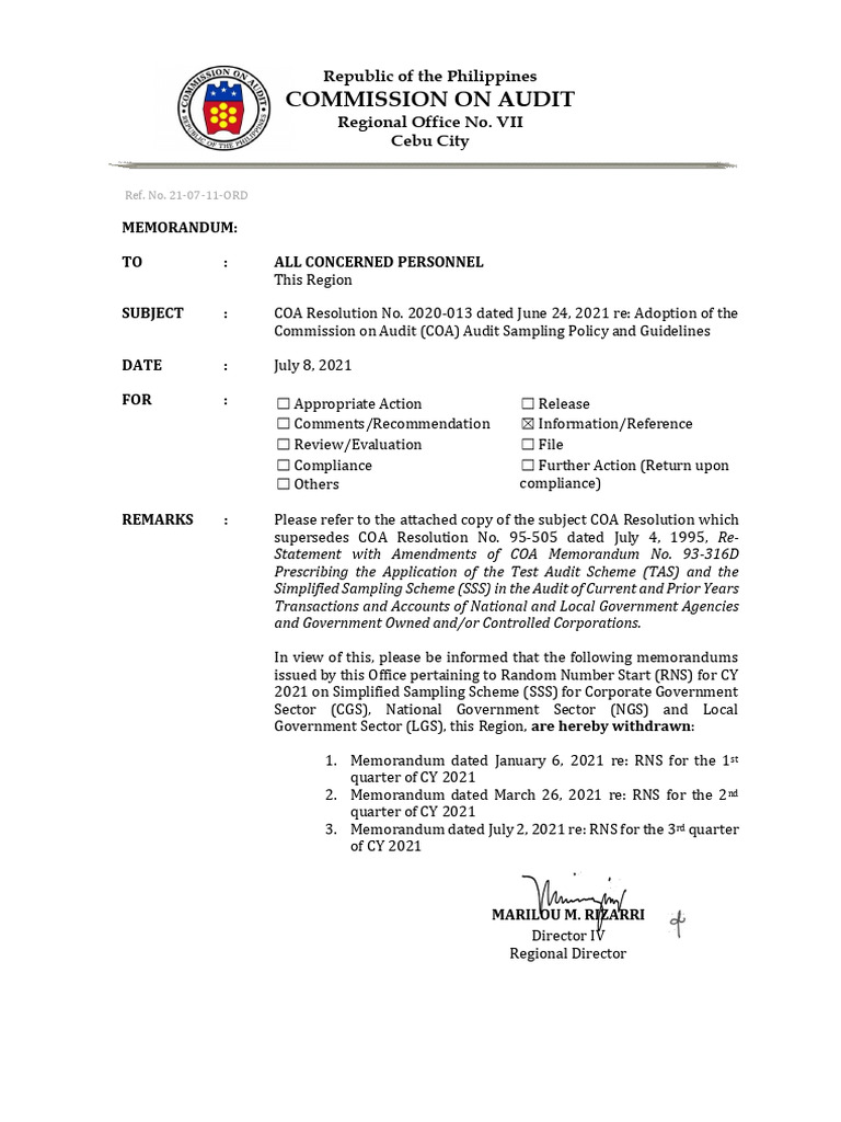 Ref. No. 21-07-11-ORD - Memo To All Concerned Re COA Resolution No ...