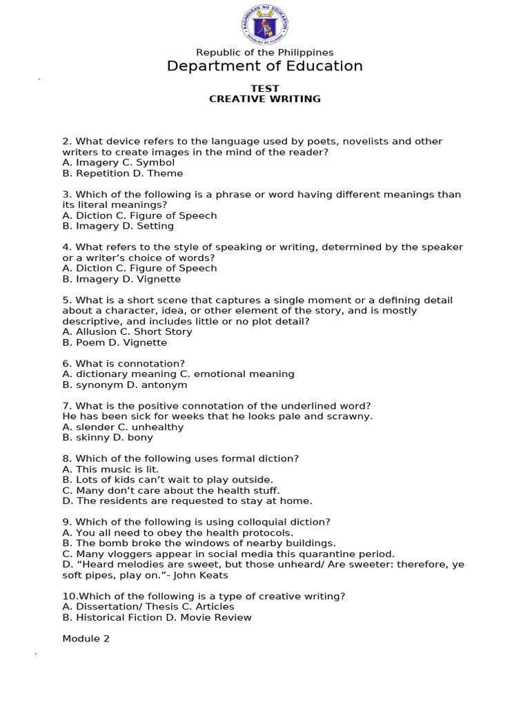 CREATIVE WRITING TEST Q1Q3 DONE | PDF | Poetry | Metre (Poetry)