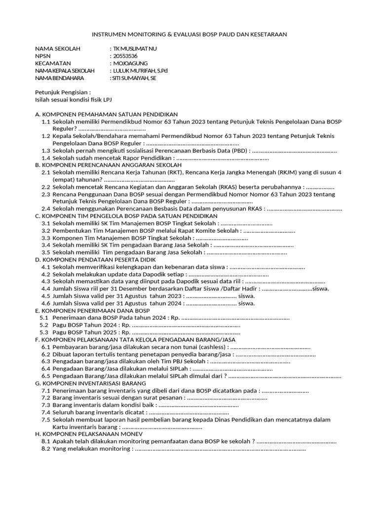 Instrumen Monev BOSP PAUD 2023 | PDF