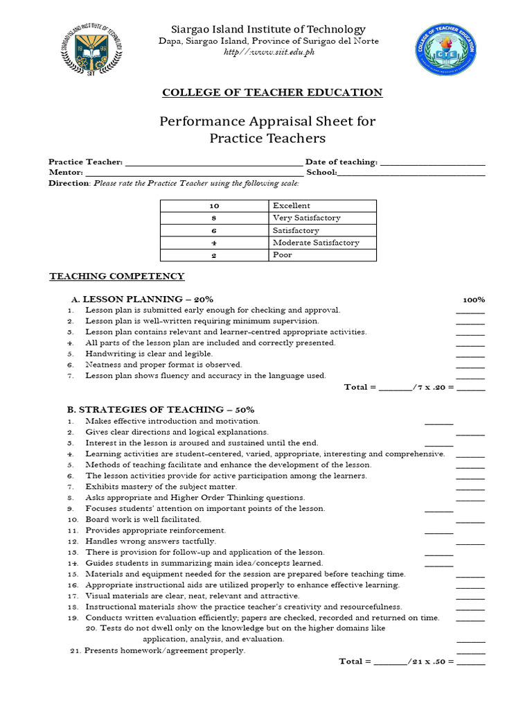 SIIT Performance Appraisal Sheet PT | PDF | Lesson Plan | Teachers
