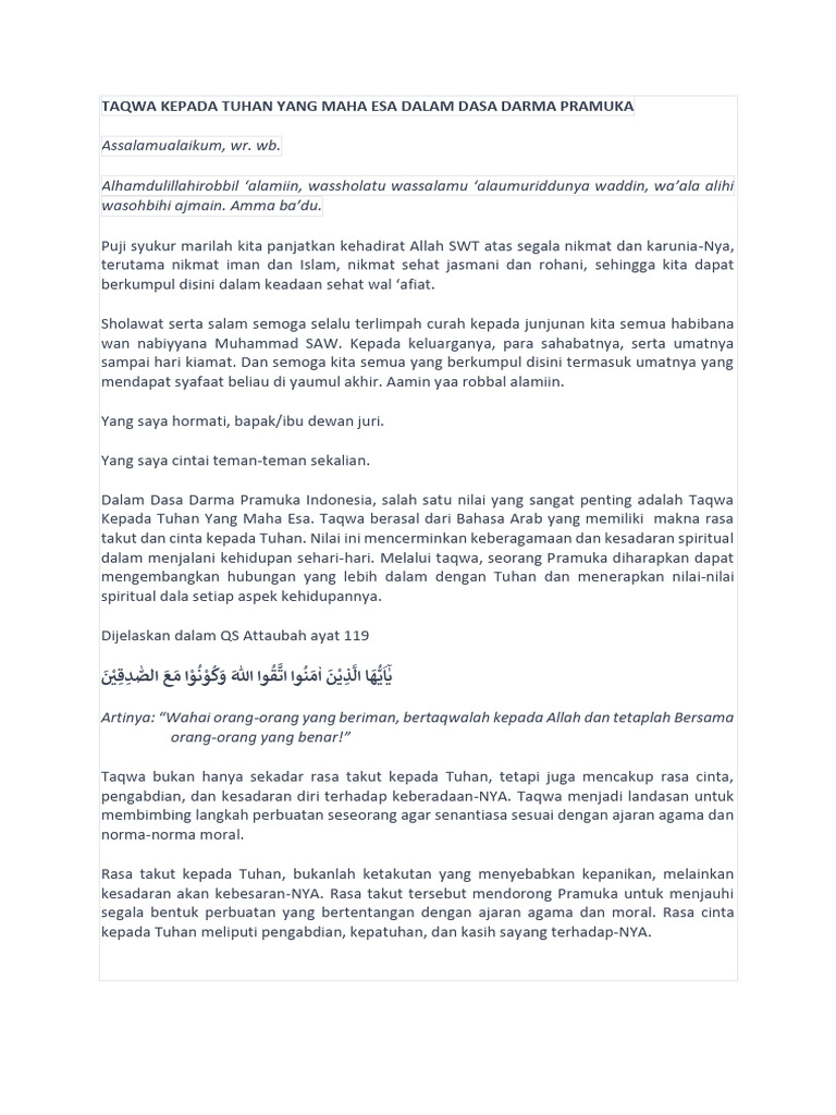 TAQWA KEPADA TUHAN YANG MAHA ESA DALAM DASA DARMA PRAMUKA | PDF