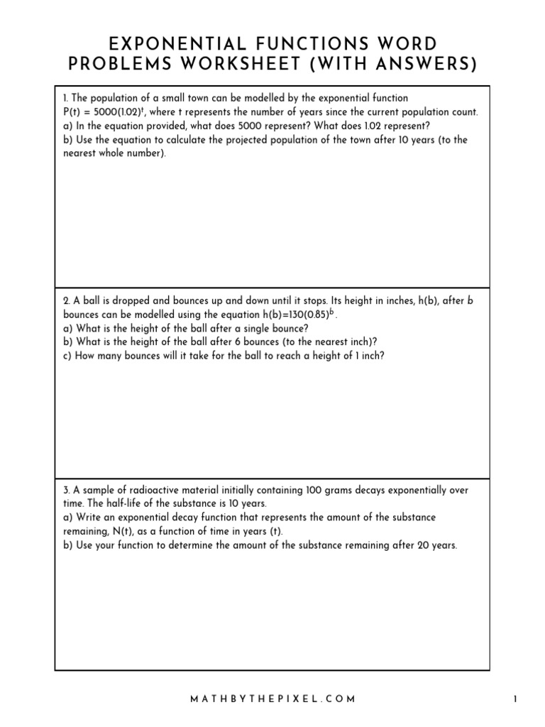 Exponential Functions Word Problems Worksheet With Answers | PDF