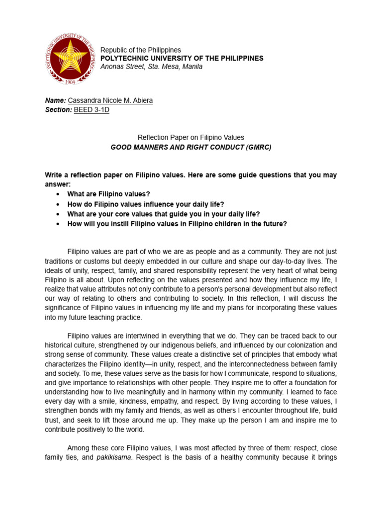 Reflection on Filipino Values in Education | PDF | Philippines | Teachers