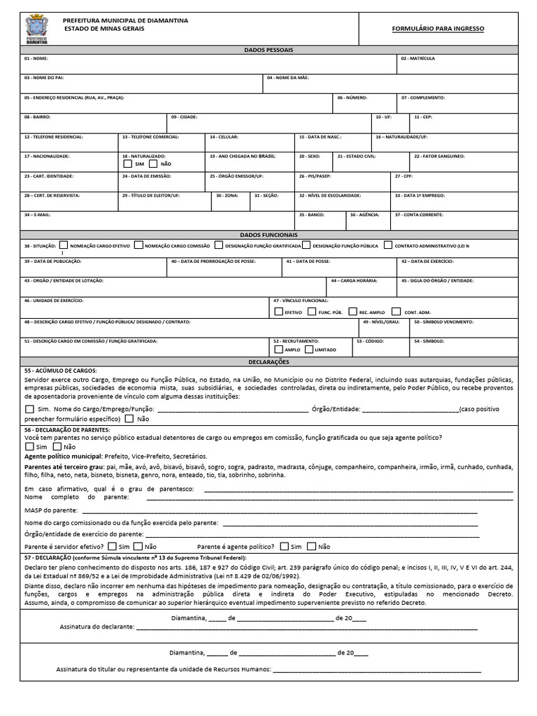 Formulário de Ingresso - Prefeitura Diamantina | PDF | Parentesco ...