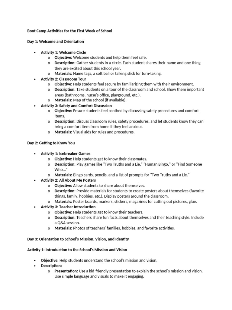 Boot Camp Activities For The First Week of School | PDF