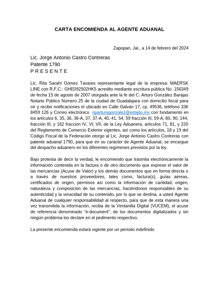Carta Encomienda Al Agente Aduanal | PDF