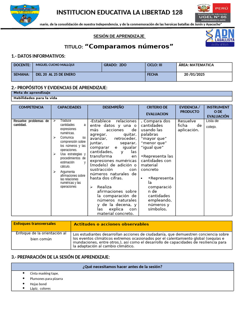 Sesion - Matematica Comparamos Numeros 2025 Ceci | PDF | Aprendizaje