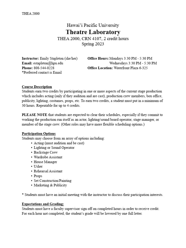 HPU Syllabus - Theatre Laboratory (THEA 2000, CRN 4107) SPRING 2023 ...