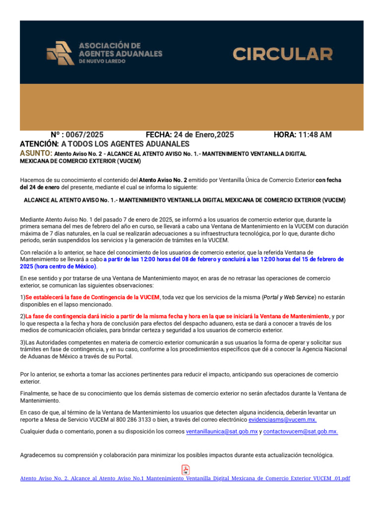 Cir. 0067 25 Aviso No. 2 Ventana de Mantenimiento VUCEM | PDF | El ...