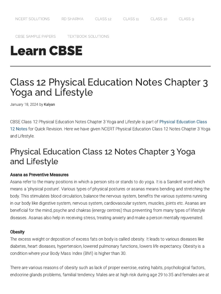 Yoga and Lifestyle: Class 12 Notes | PDF | Abdomen | Asana