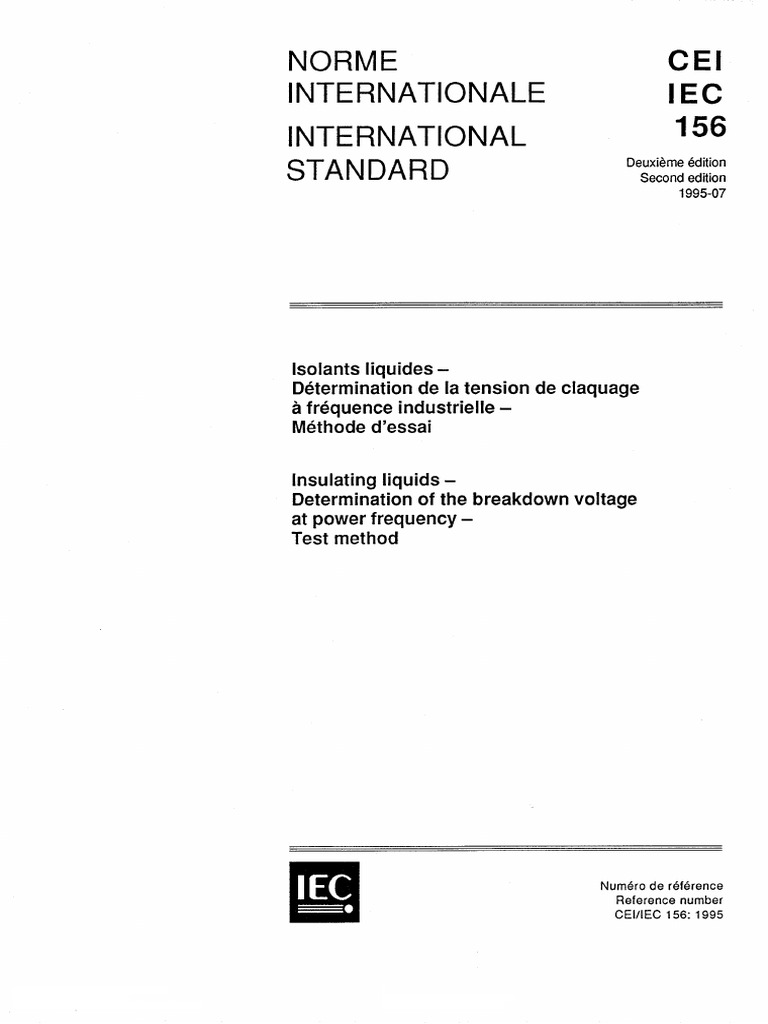 IEC 60156 - Insulating Liquid Breakdown Voltage (Yr 1995) | PDF | International Electrotechnical ...