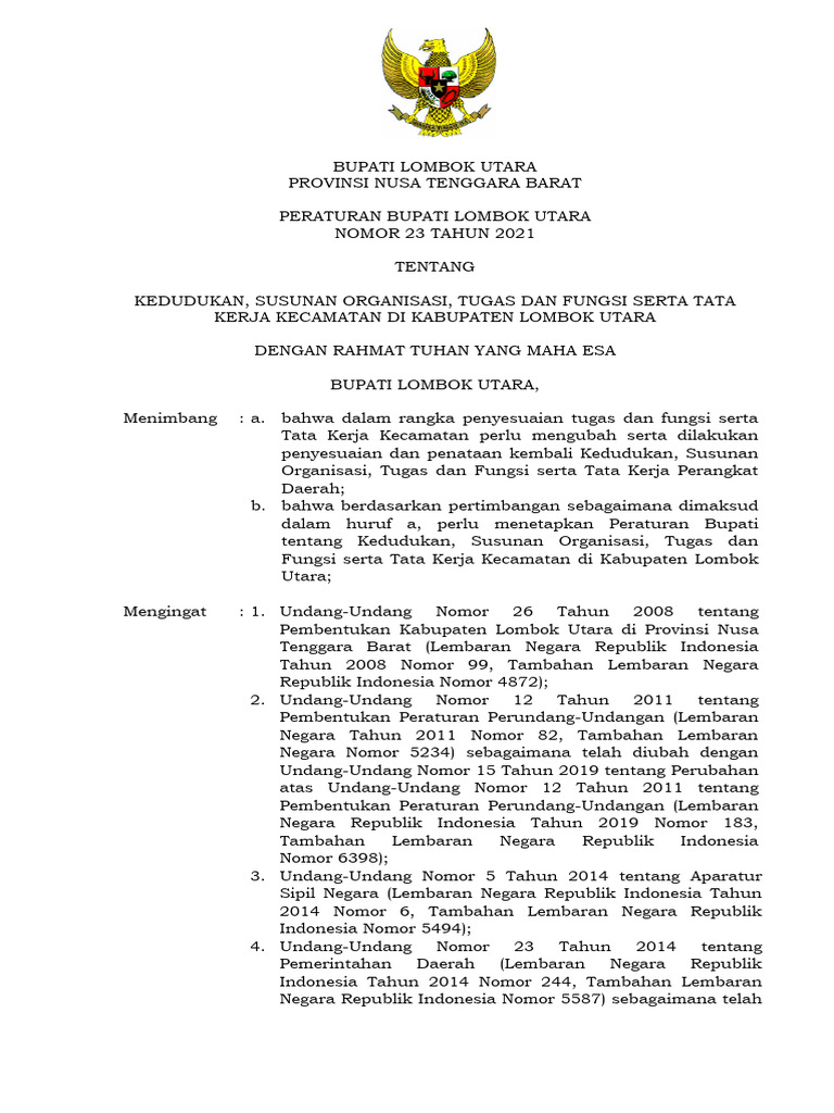 Perbub No 23 Th 2021 Ttg Susunan Organisasi, Tugas Dan Fungsi Serta Tata Kerja Kecamatan Klu | PDF