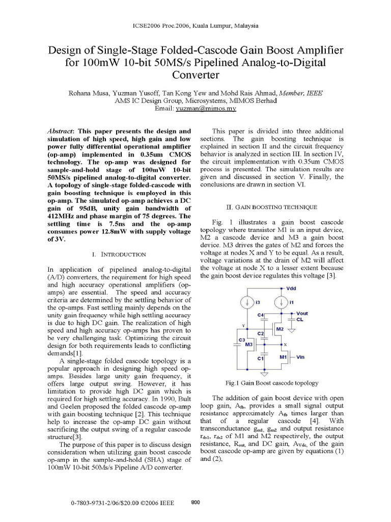 Design of Single-Stage Folded-Cascode Gain Boost Amplifier For 100mW 10-Bit 50MS S Pipelined ...
