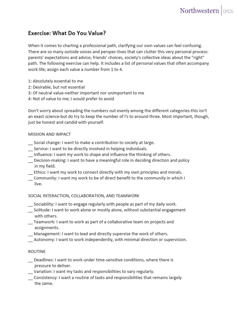 Values Exercise | PDF