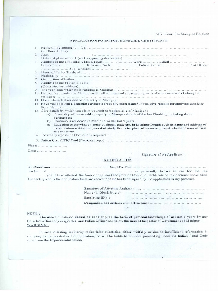 Manipur Domicile Certificate Application Form | PDF | Common Law | Justice