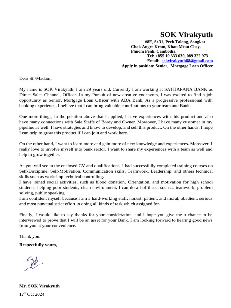 Sok Virakyuth Cover Letter - Cubc | PDF
