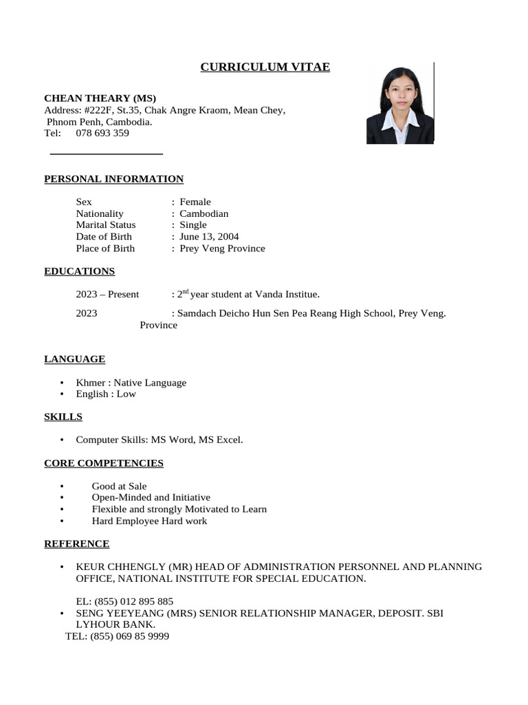 Chean Theary CV | PDF